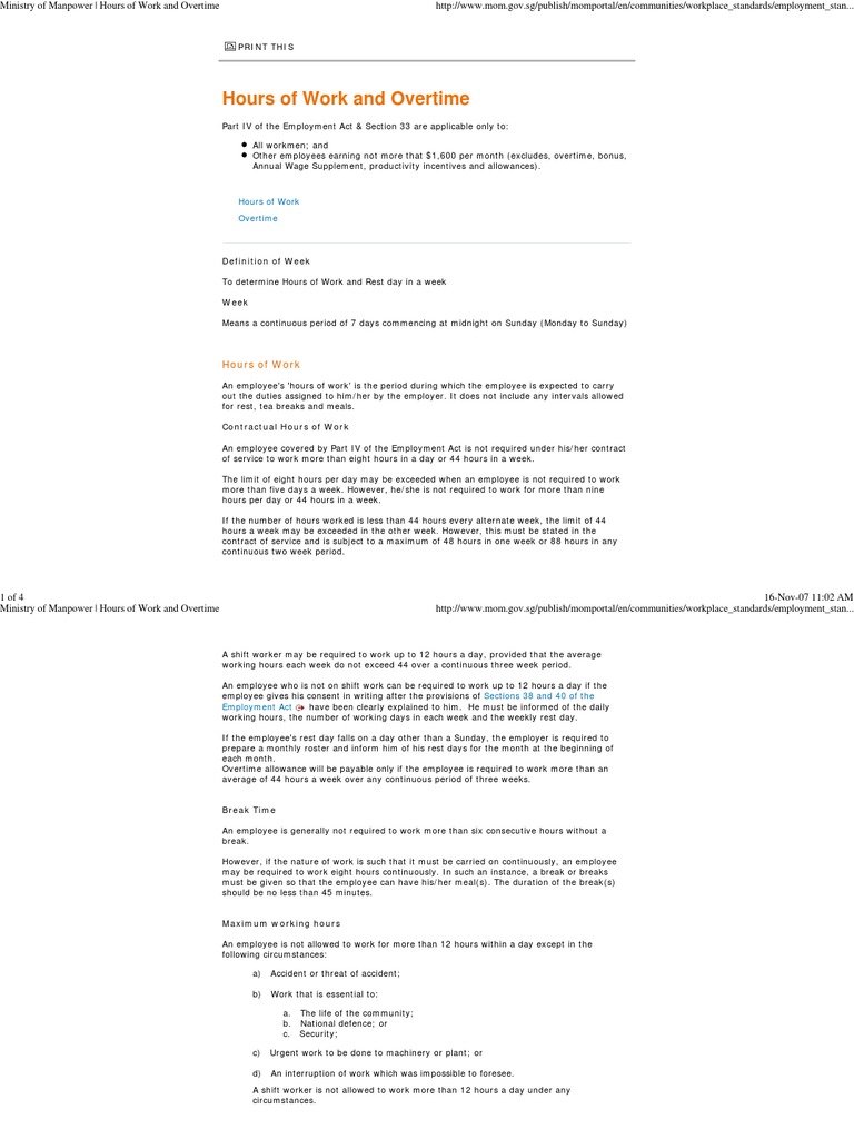 Ministry of Manpower - Hours of Work and Overtime | PDF | Overtime ...