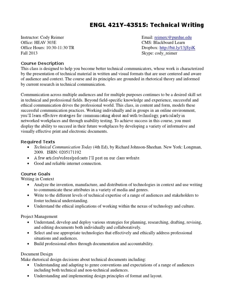 ENGL 421Y-43515: Technical Writing: Course Description | PDF | Academic ...
