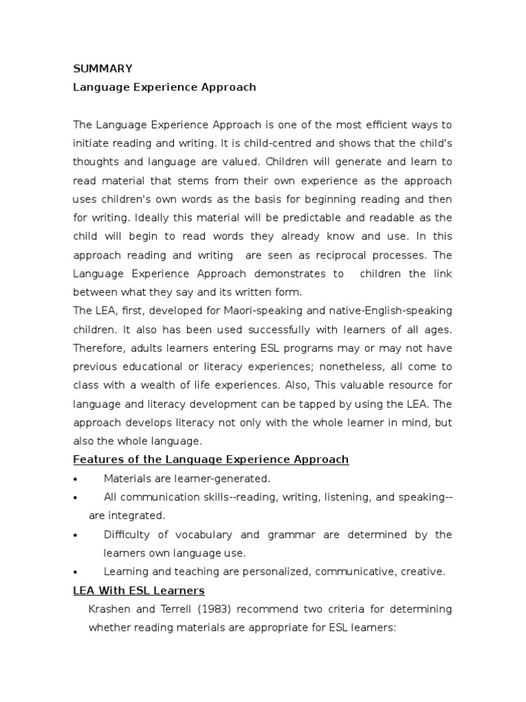 Language Experience Approach | PDF | Reading (Process) | English As A ...