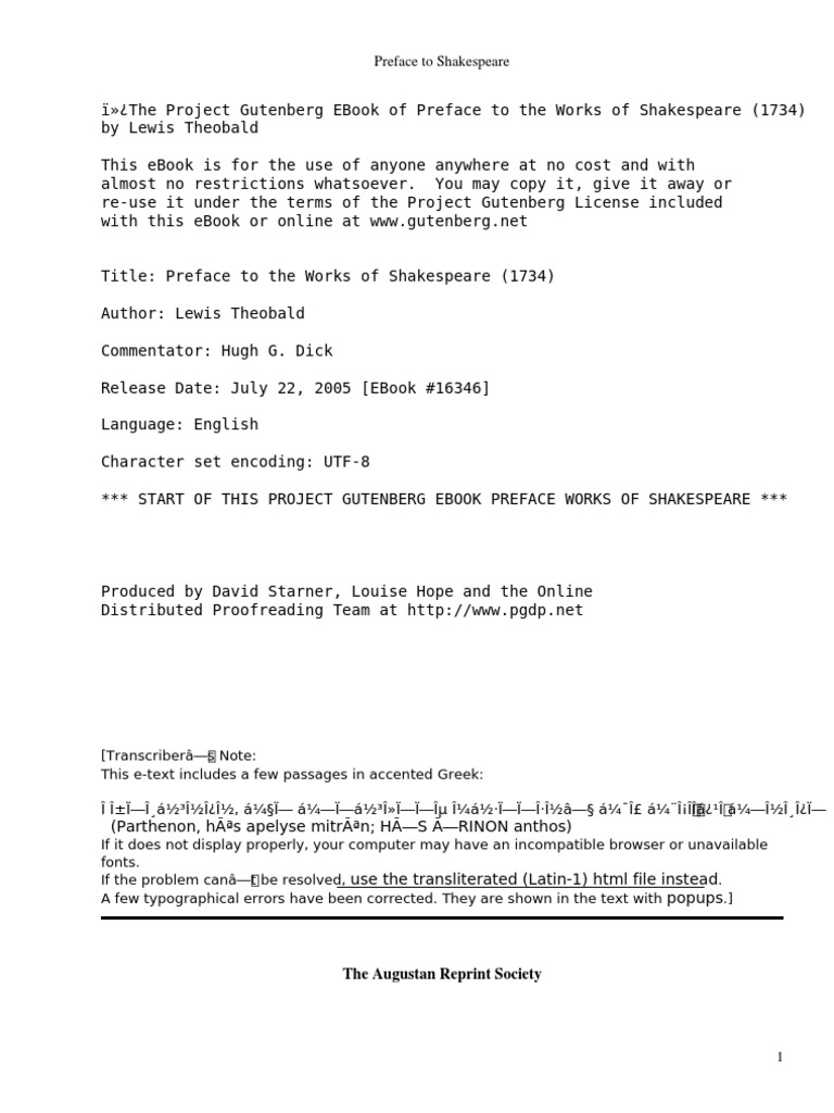 Preface To The Works of Shakespeare (1734) by Theobald, Lewis, 1688 ...
