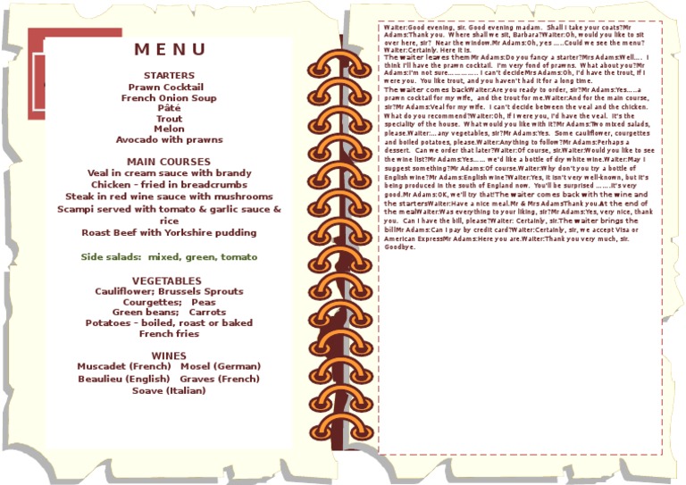 Menu Dialogue at a Restaurant | PDF | Cooking, Food & Wine