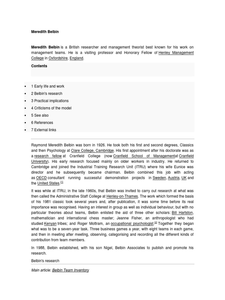 Meredith Belbin | Behavioural Sciences | Psychology & Cognitive Science