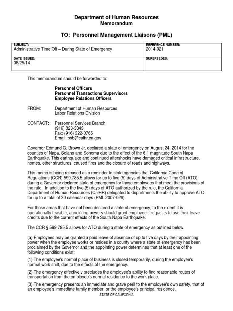 State of Emergency leave memo | Federal Emergency Management Agency ...