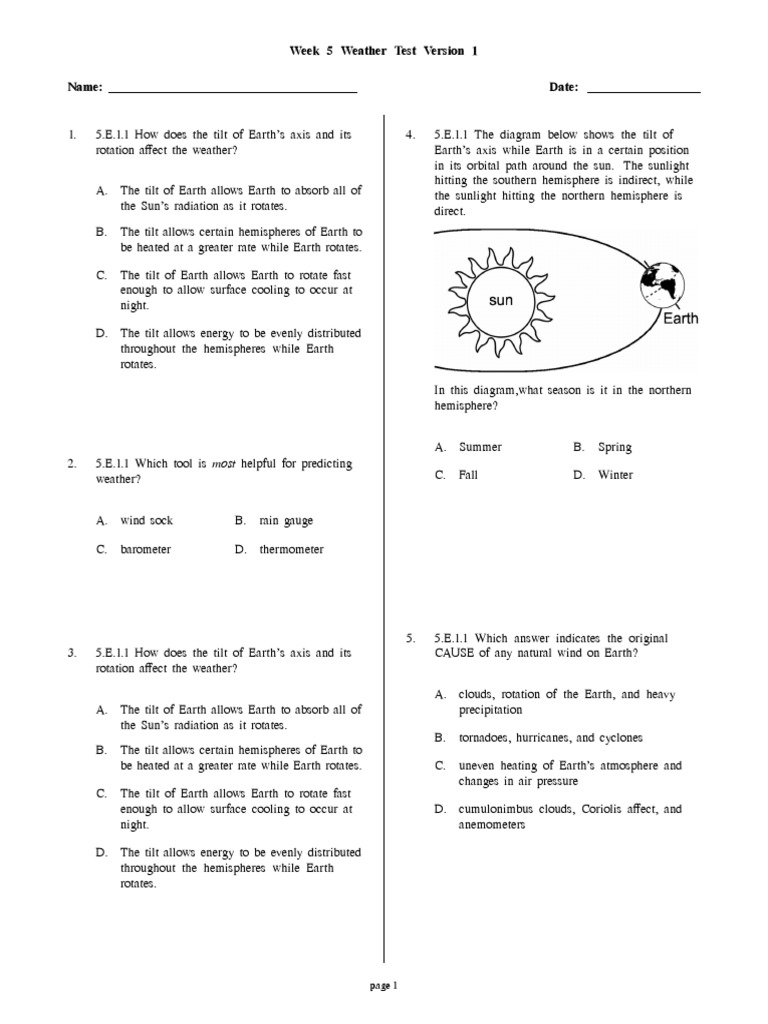 Week 5 Weather Test Questions and Answers | PDF | Weather | Atmosphere ...