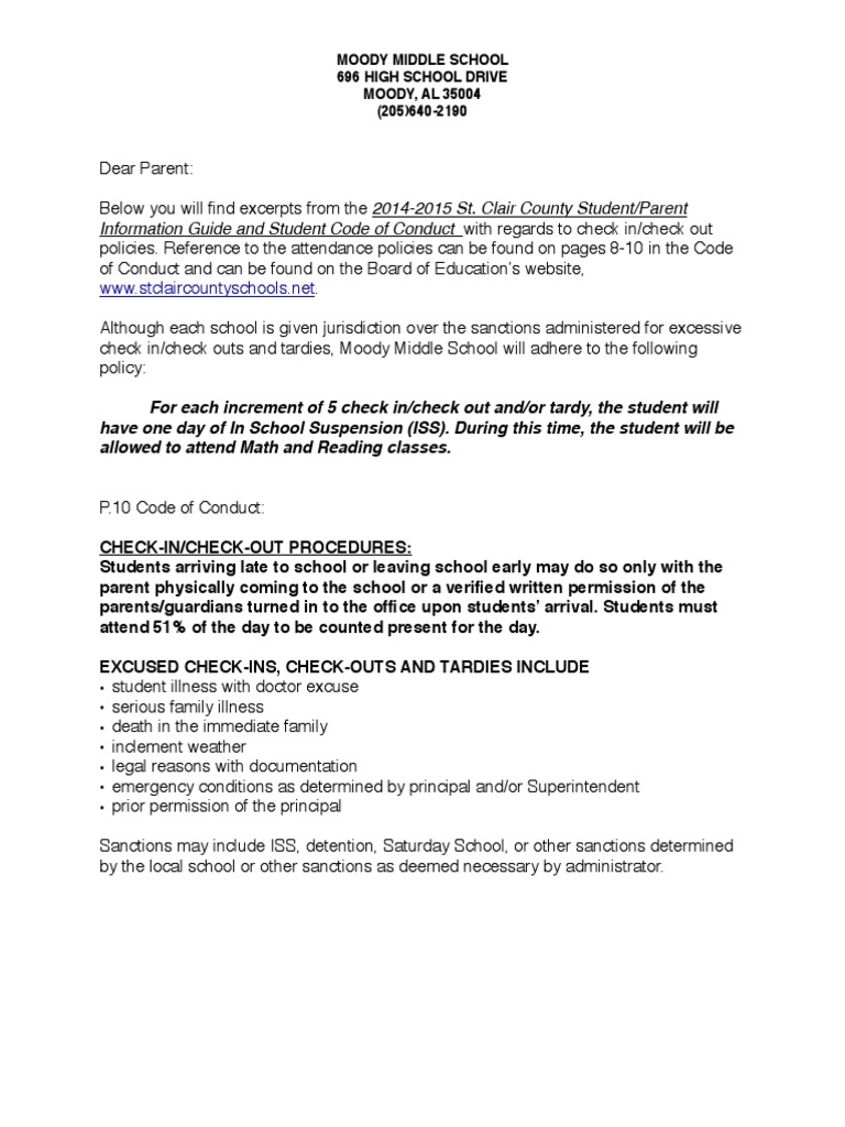Information Guide and Student Code of Conduct With Regards To Check In ...