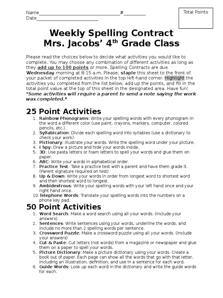 4th Grade Weekly Spelling Contract | PDF | Computing And Information ...