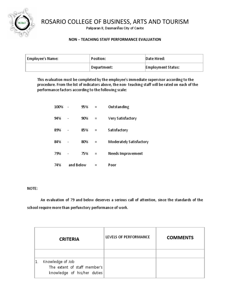 Non Teaching Performance Evaluation Tool | Download Free PDF | Performance Appraisal | Emergence