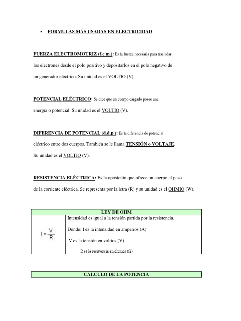 Formulas Más Usadas en Electricidad | PDF | Resistencia Eléctrica y ...
