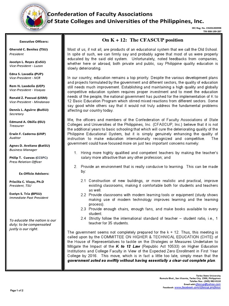 K + 12 (Position Paper) | PDF | Teachers | Schools