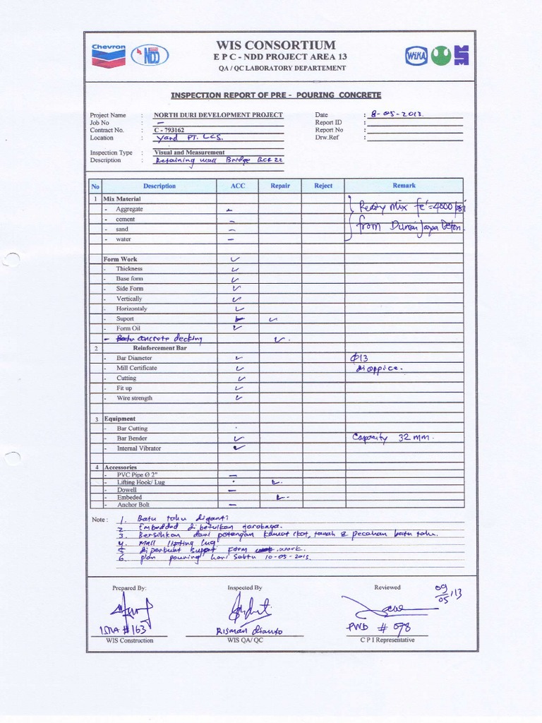 Inspection Report of Pre Pouring Concrete | PDF