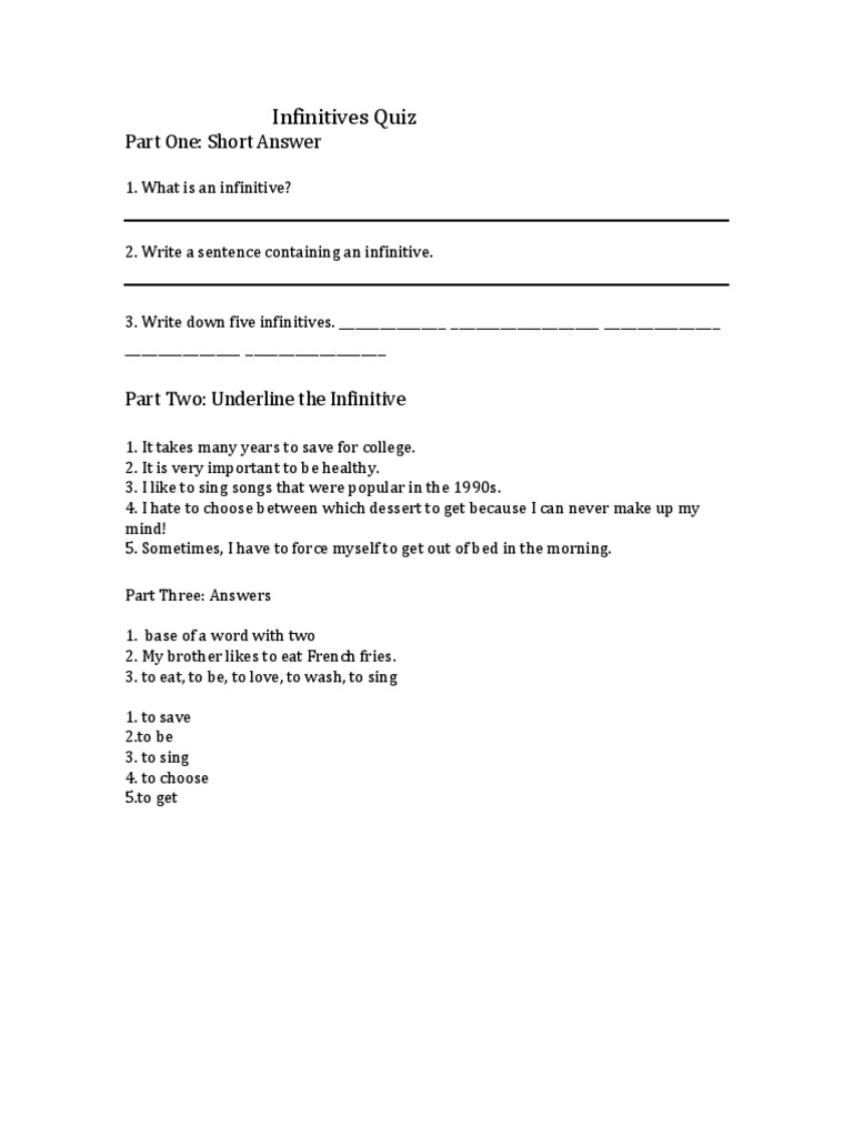 Infinitives Practice Quiz | PDF