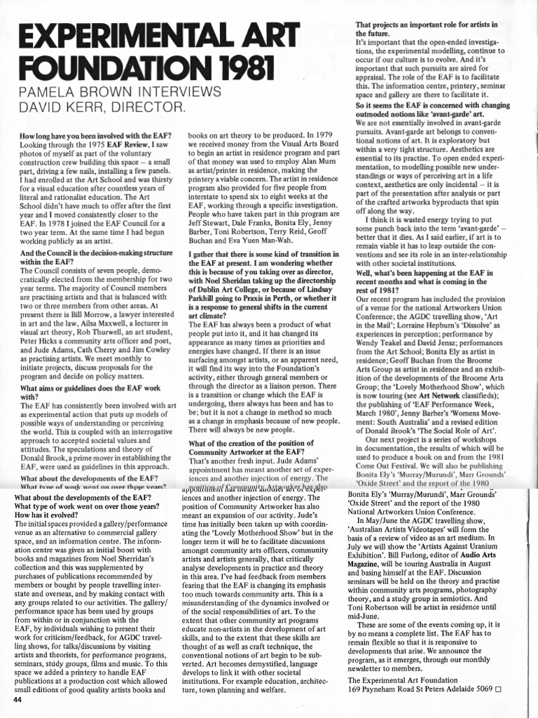 Interview With David Kerr: Director of The Experimental Art Foundation ...