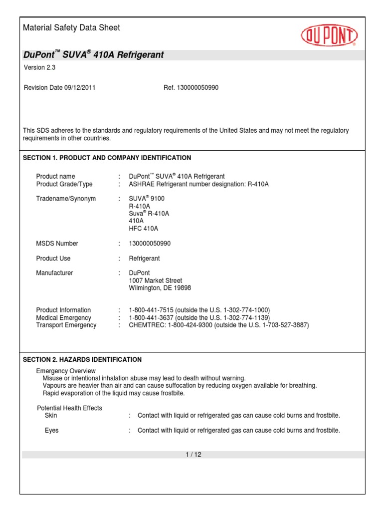 Msds Suva 410a | PDF | Toxicity | Combustion