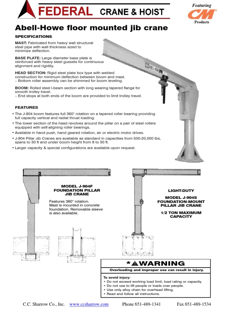 Specifications and Capacities of the Abell-Howe J-904 Foundation Pillar Jib Crane | PDF | Crane ...