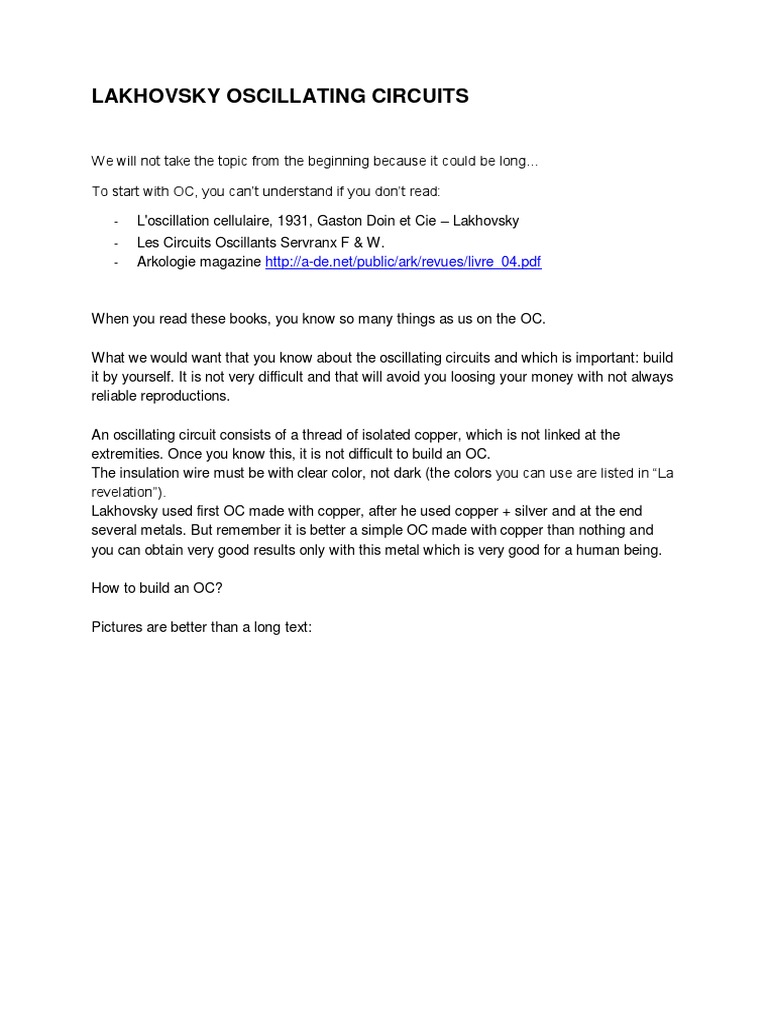 Lakhovsky Oscillating Circuits | PDF | Manufactured Goods | Electricity