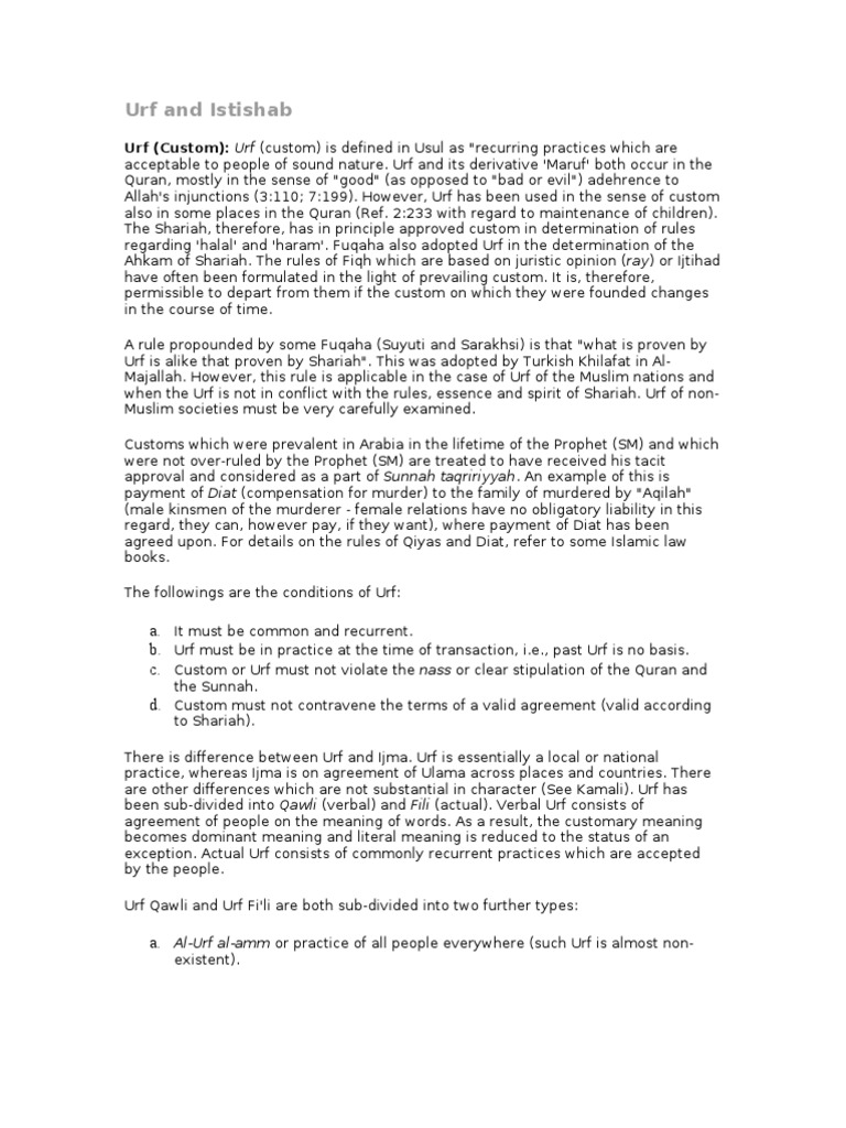 Urf and Istishab | PDF | Sharia | Islamic Jurisprudence