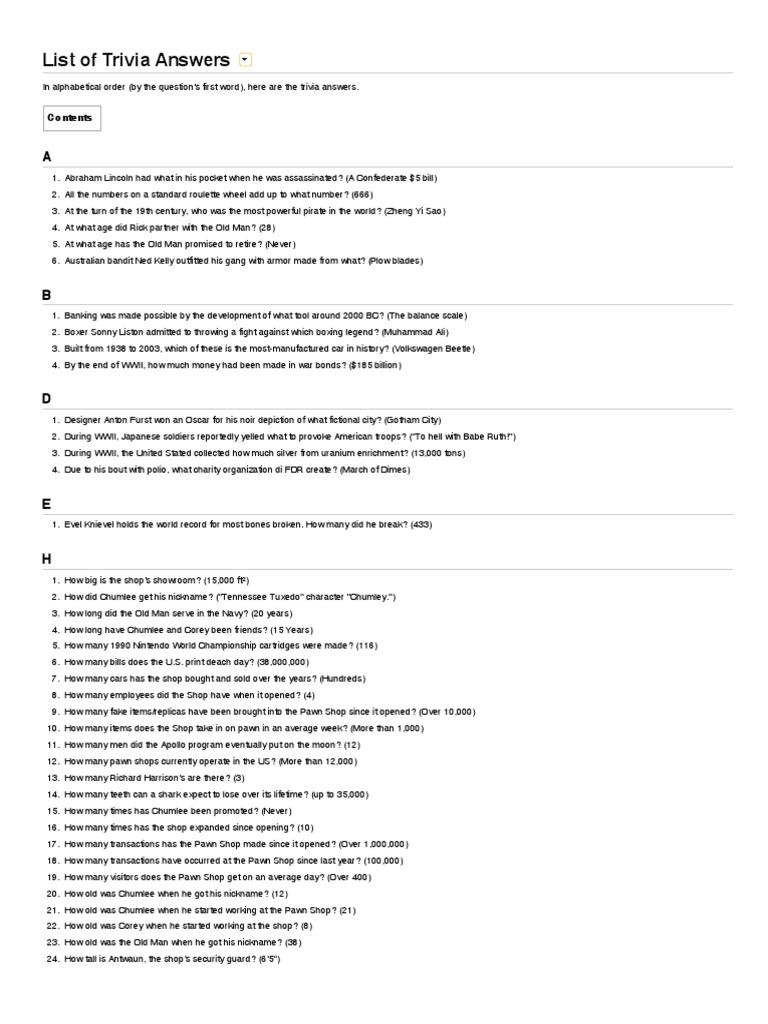 List of Trivia Answers - Pawn Stars - The Game Wiki | PDF | Pawnbroker ...