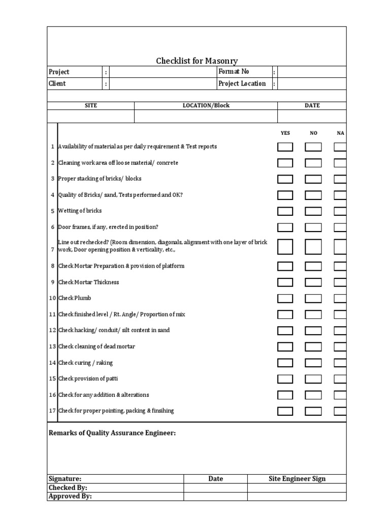 Project Masonry Quality Checklist | PDF | Brick | Horticulture And ...