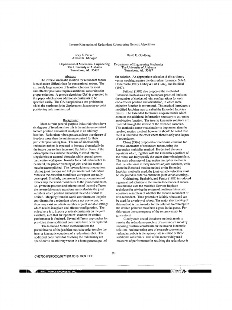 Inverse Kinematics of Redundant Robots Using Genetic Algorithms | PDF | Kinematics | Genetic ...