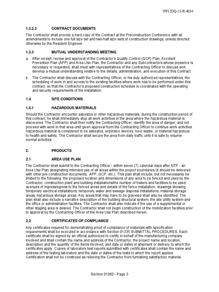 Requirements for Contract Documents, Site Conditions, and Submittals ...