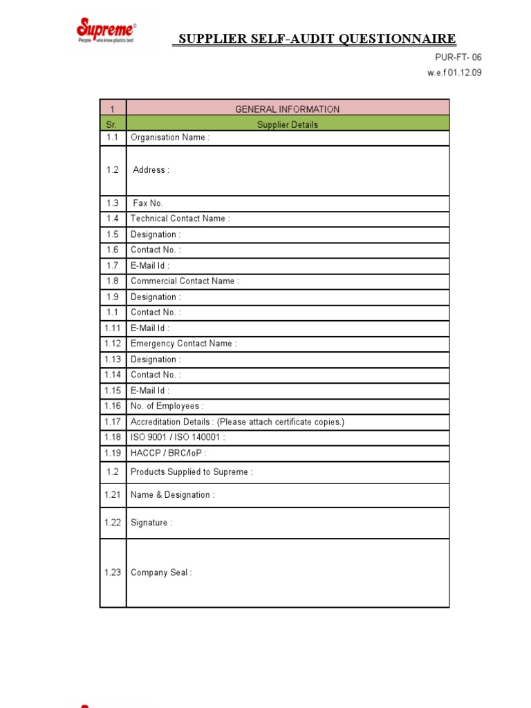 Supplier Self Audit Form | PDF | Quality Management System ...