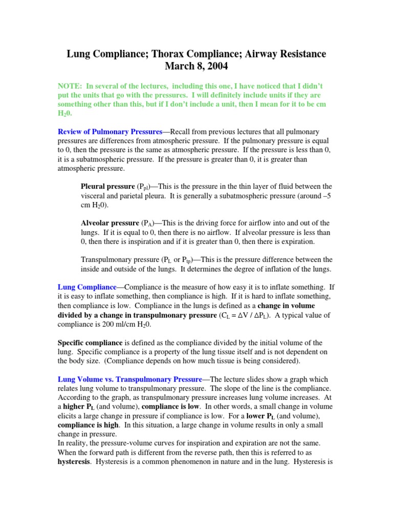 Compliance and Resistance | PDF | Respiratory Tract | Lung