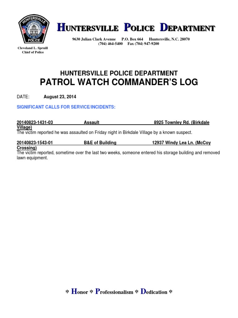 Patrol Watch Commander's Log 08-23-14 Day | PDF