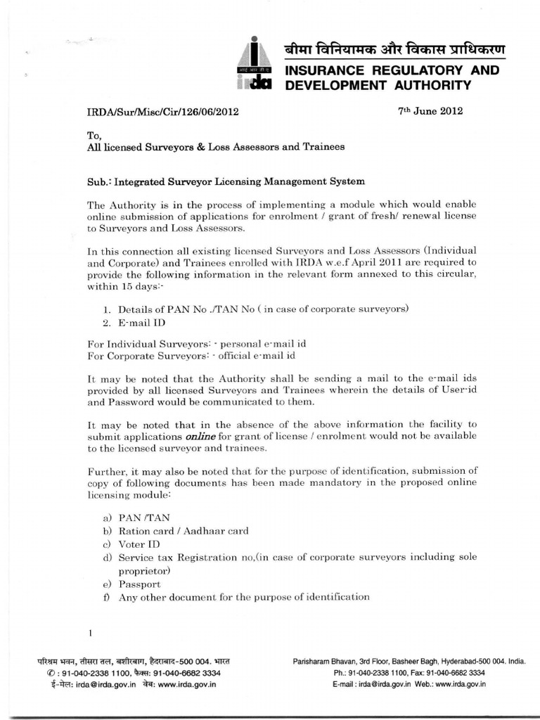 IRDA Surveyor Circular | Identity Document | Email