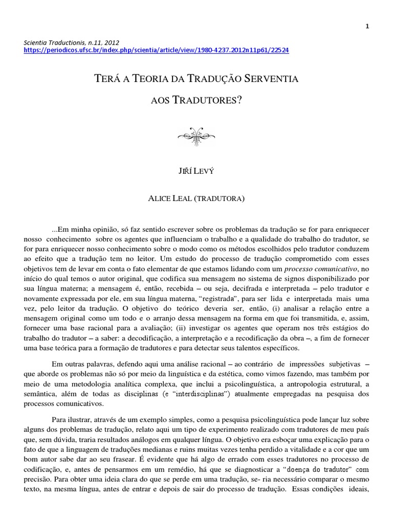 Jiri Levy-Tera A Teoria Da Traducao Serventia Aos Tradutores | PDF ...