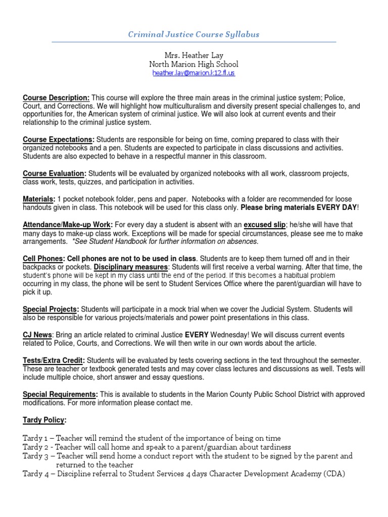 High School Criminal Justice Syllabus | PDF | Teachers | Schools