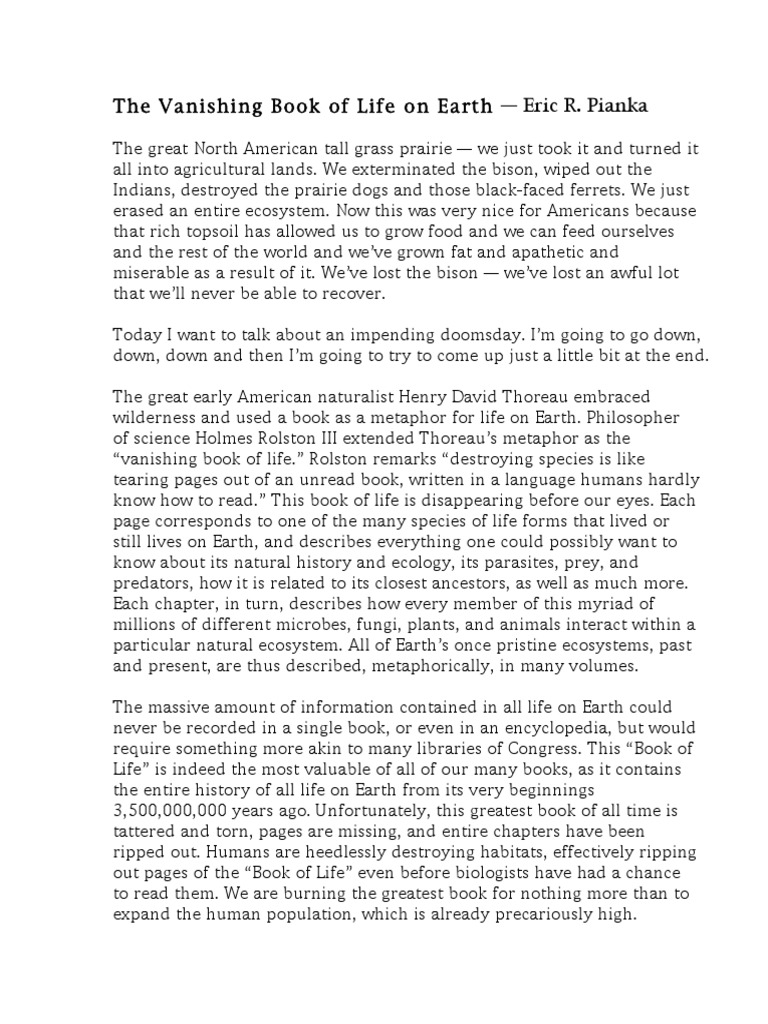 The Vanishing Book of Life On Earth - Eric R. Pianka PDF | PDF ...