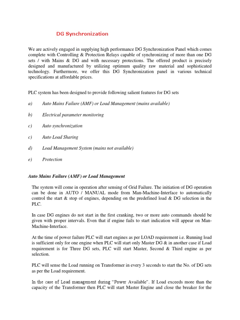 DG Synchronization | PDF | Electrical Grid | Relay