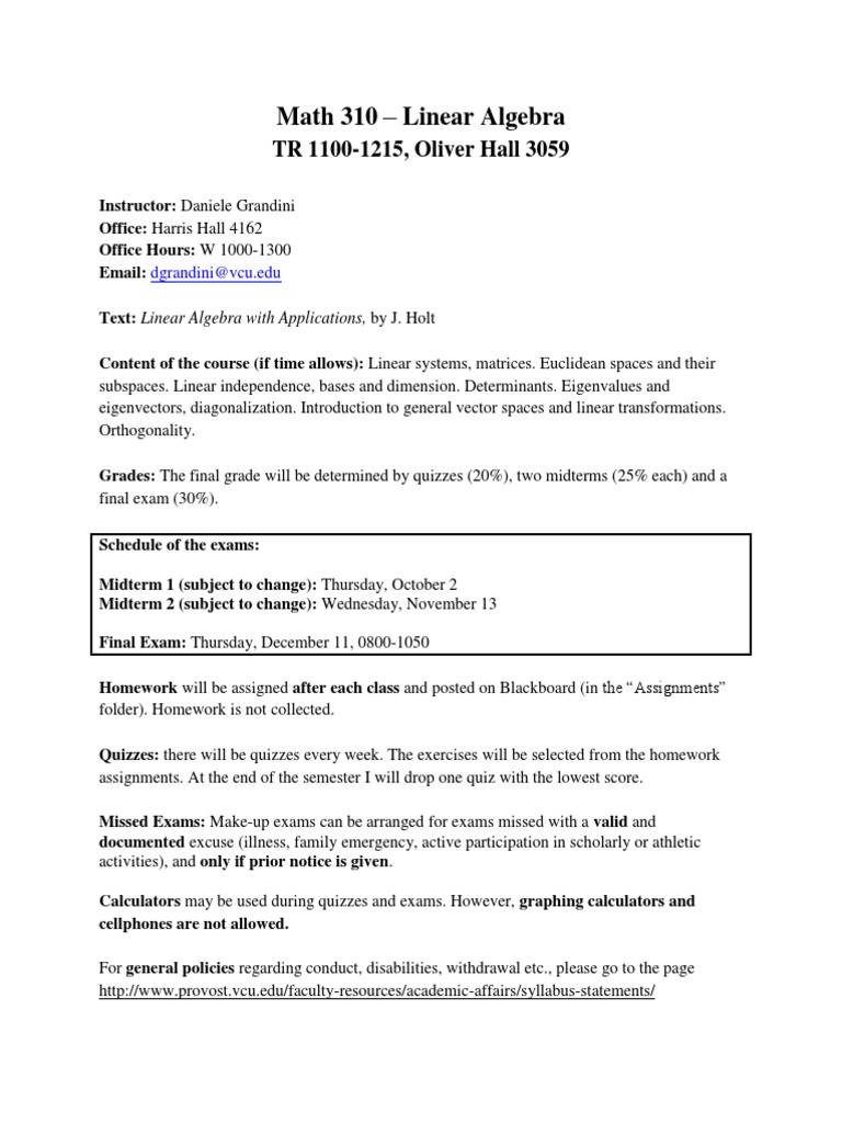 Math 310 - Linear Algebra: TR 1100-1215, Oliver Hall 3059 | PDF