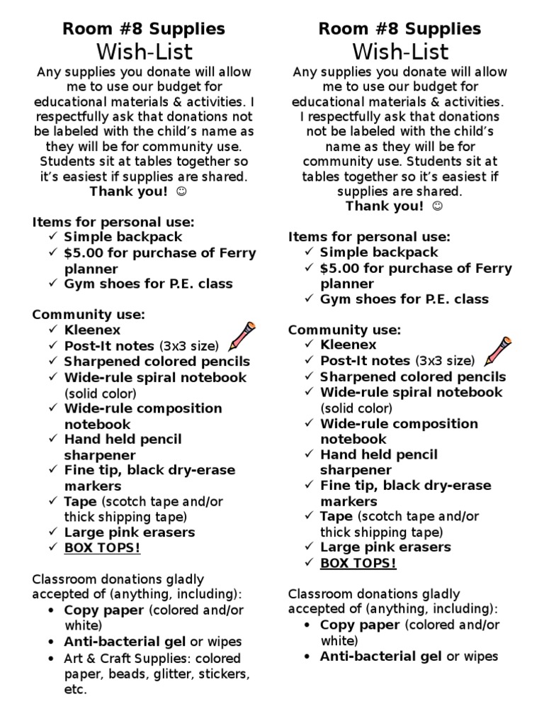 Room #8 Supply Donation List | PDF | Language Arts & Discipline | Home ...