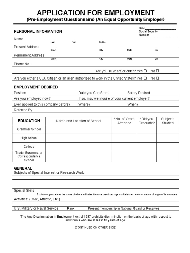 Application For Employment: (Pre-Employment Questionnaire) (An Equal ...