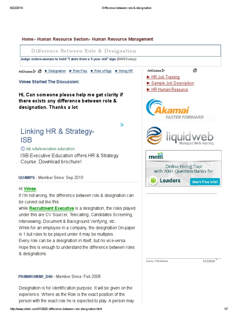 Difference Between Role & Designation | PDF | Human Resource Management ...