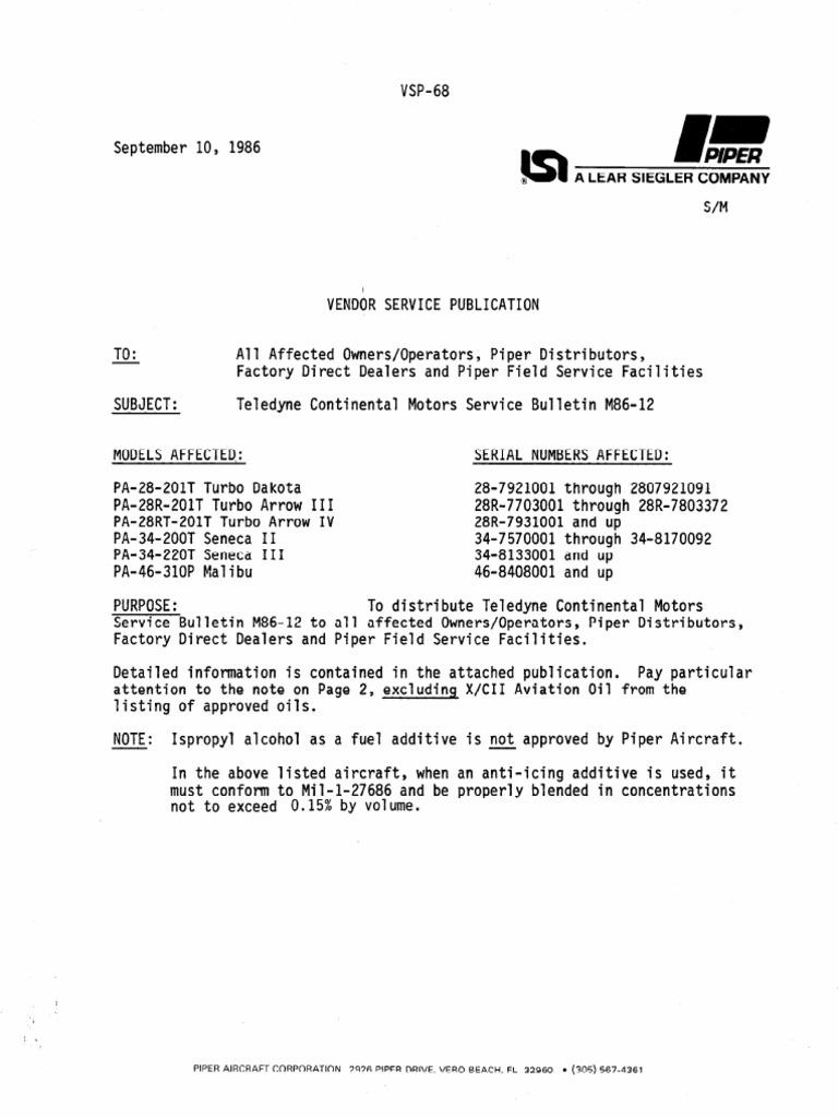 Piper Aircraft Service Bulletin M86-12 | PDF | Piper Aircraft | Motor Oil