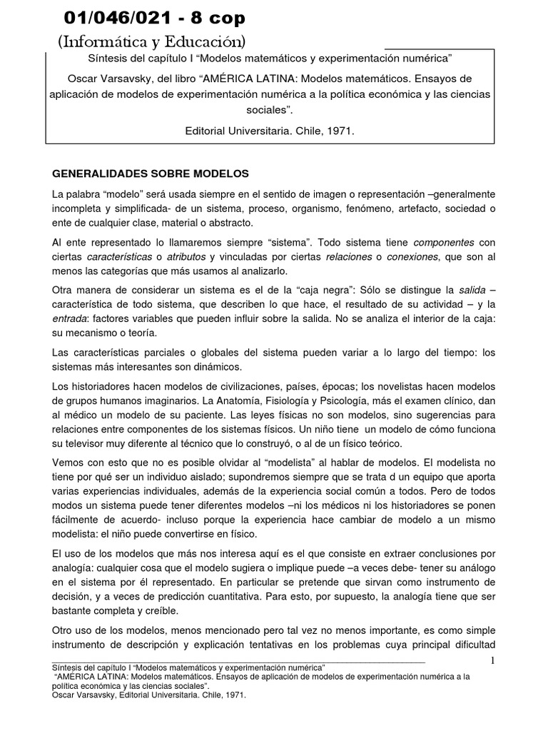 VARSAVSKY - Modelos Matemáticos y Experimentación Numérica | PDF ...