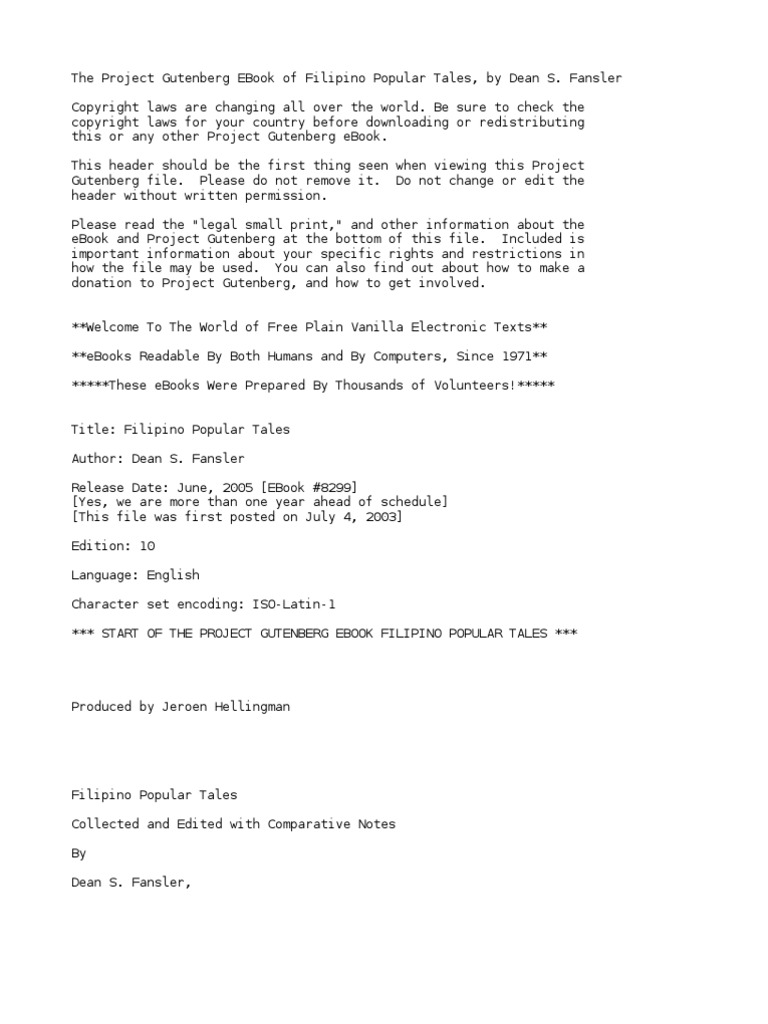 Filipino Popular Tales by Fansler, Dean S. | PDF | Project Gutenberg ...