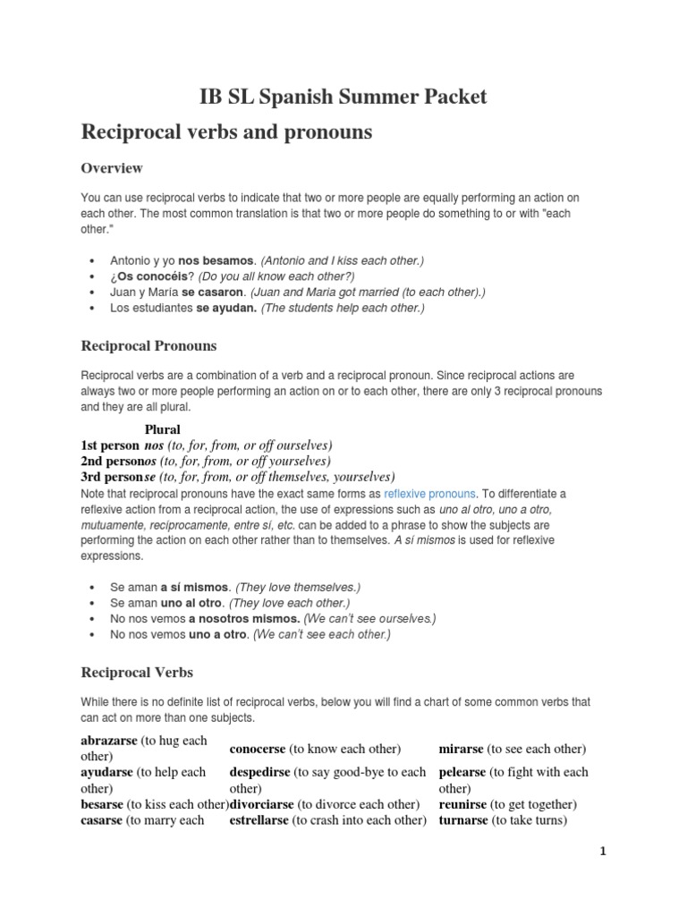 Spanish Reciprocal Verbs Overview | PDF | Perfect (Grammar ...