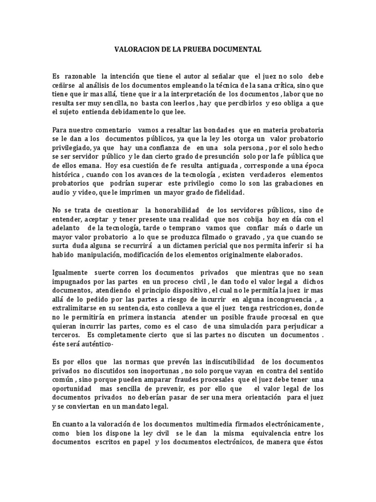 Análisis de la valoración de pruebas documentales | PDF | Evidencia (ley)