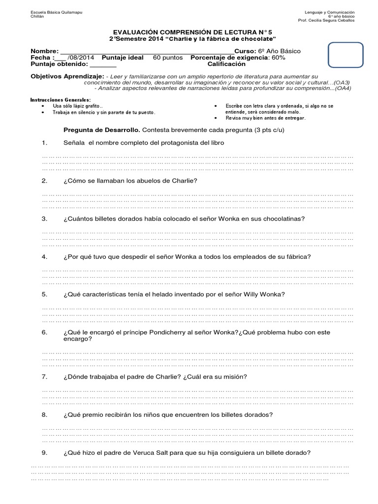 Evaluación de Lectura: Charlie y la Fábrica de Chocolate | PDF ...