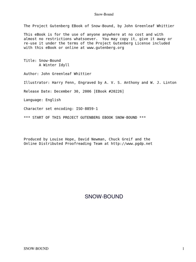 Snow-BoundA Winter Idyll by Whittier, John Greenleaf, 1807-1892 | PDF ...