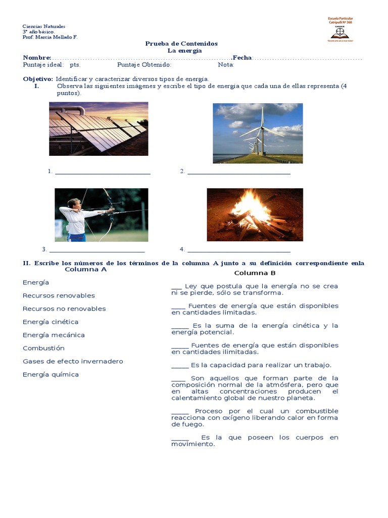 Prueba Sobre Energia | Universo físico | Materiales