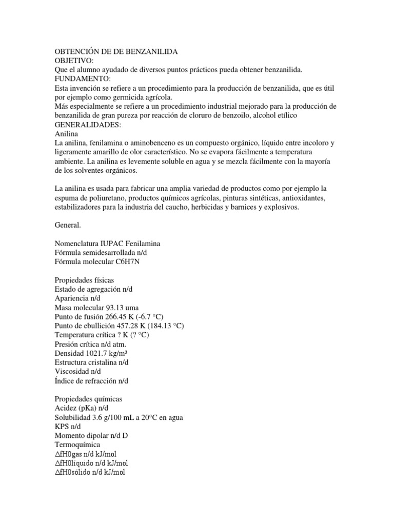 Obtención de de Benzanilida | PDF | Ácido carboxílico | Compuestos ...