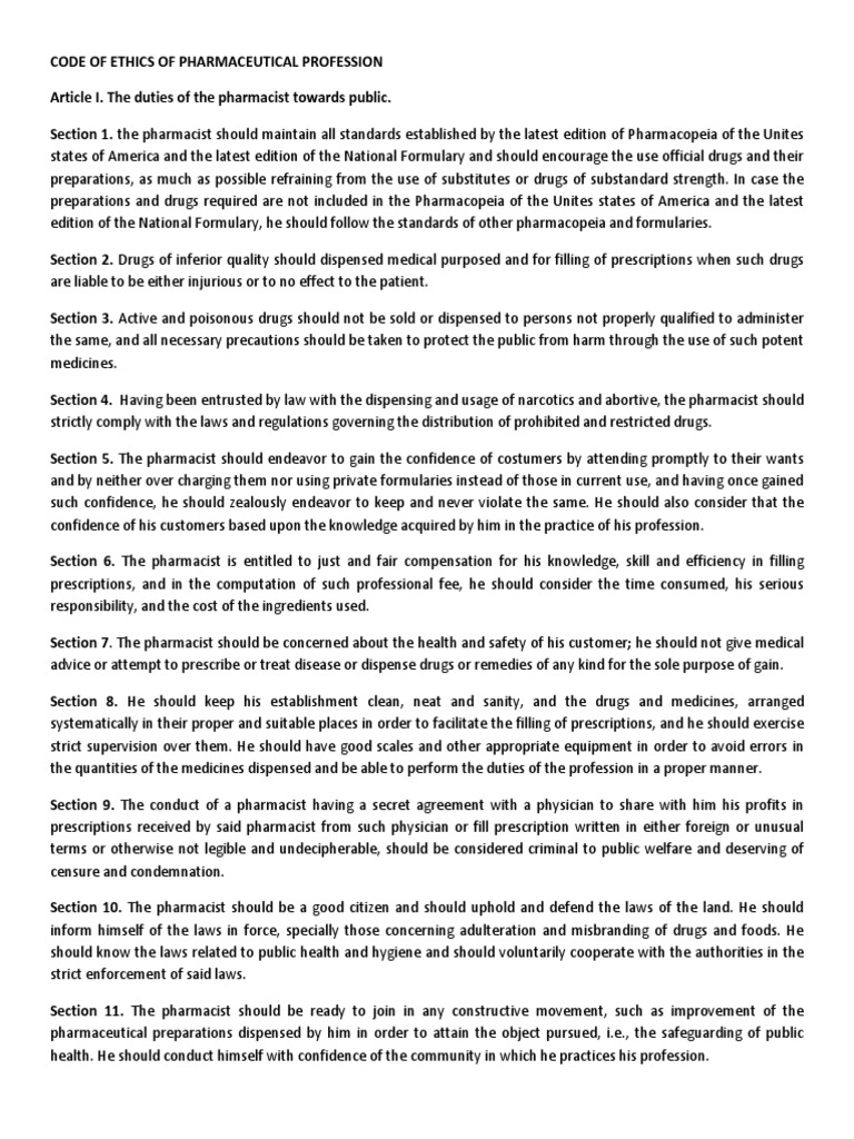 Code of Ethics of Pharmaceutical Profession | PDF | Medical ...