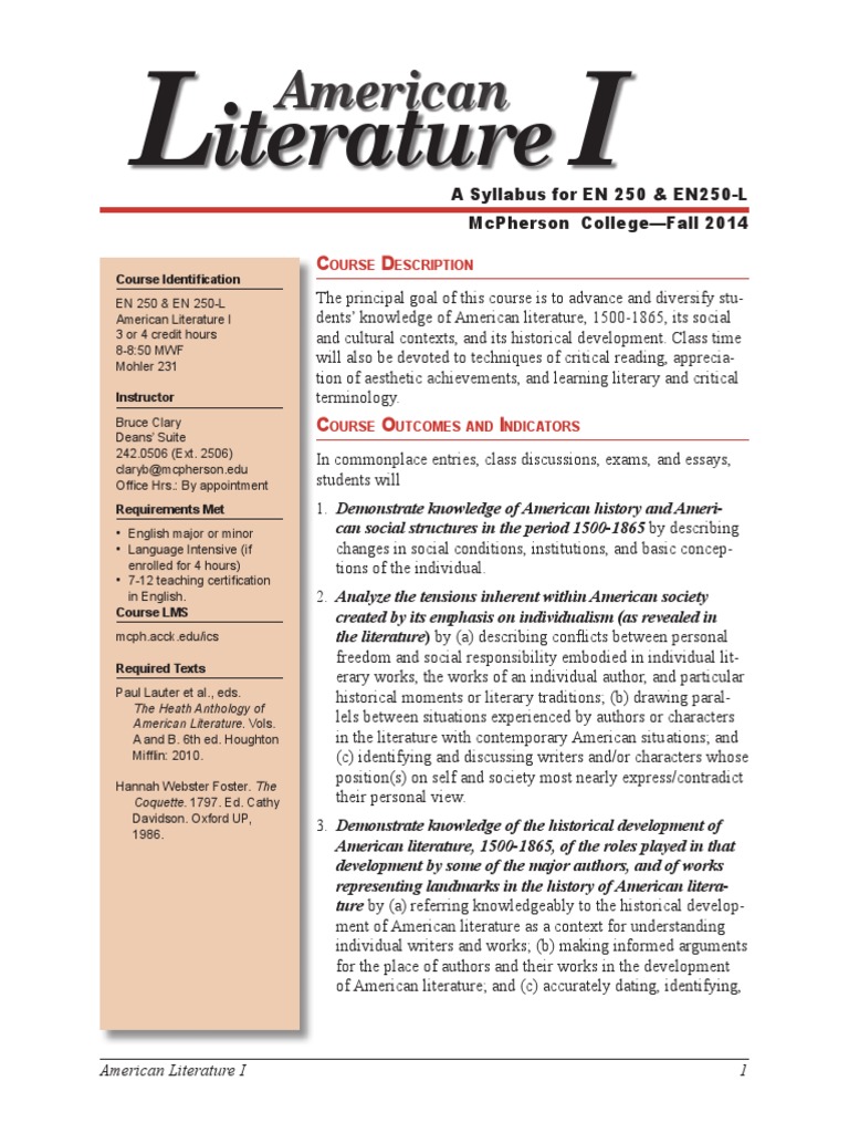 Syllabus: EN250 American Literature I | PDF | American Literature | Essays