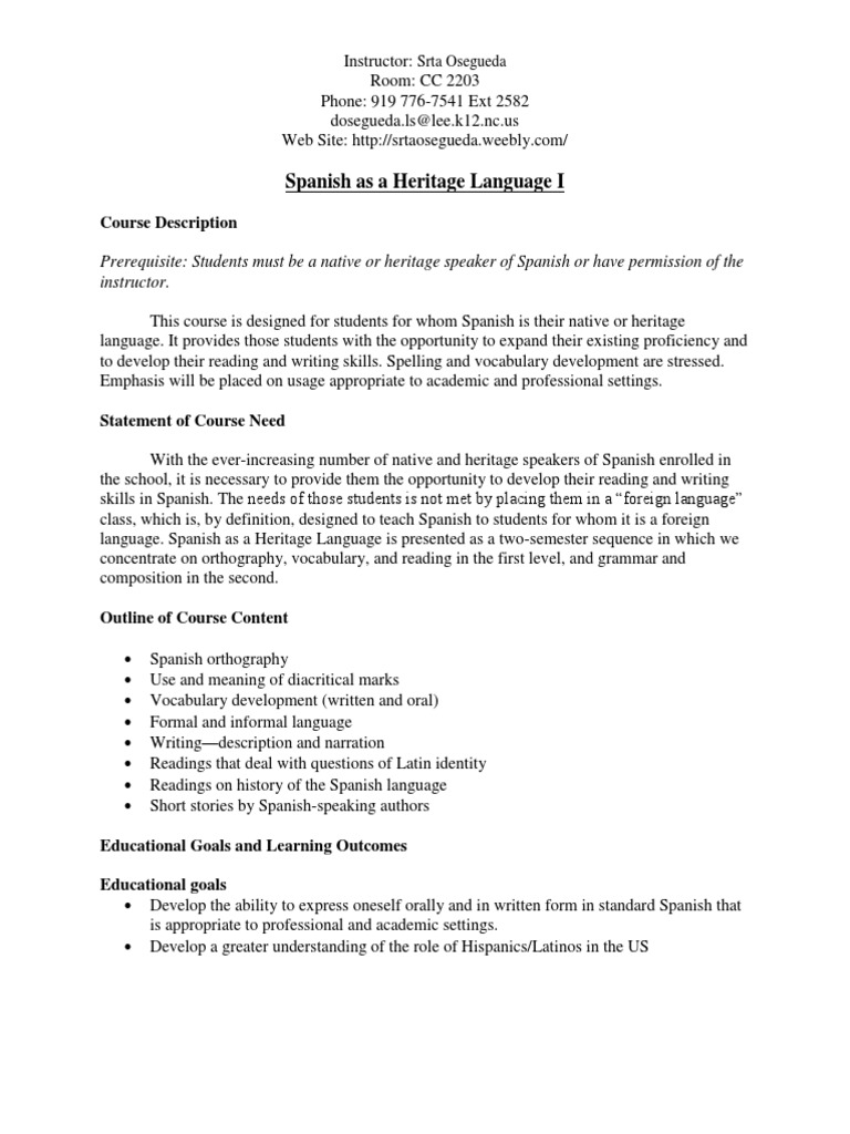 Spanish As A Heritage Language I Syllabus | PDF | Homework | Spanish ...
