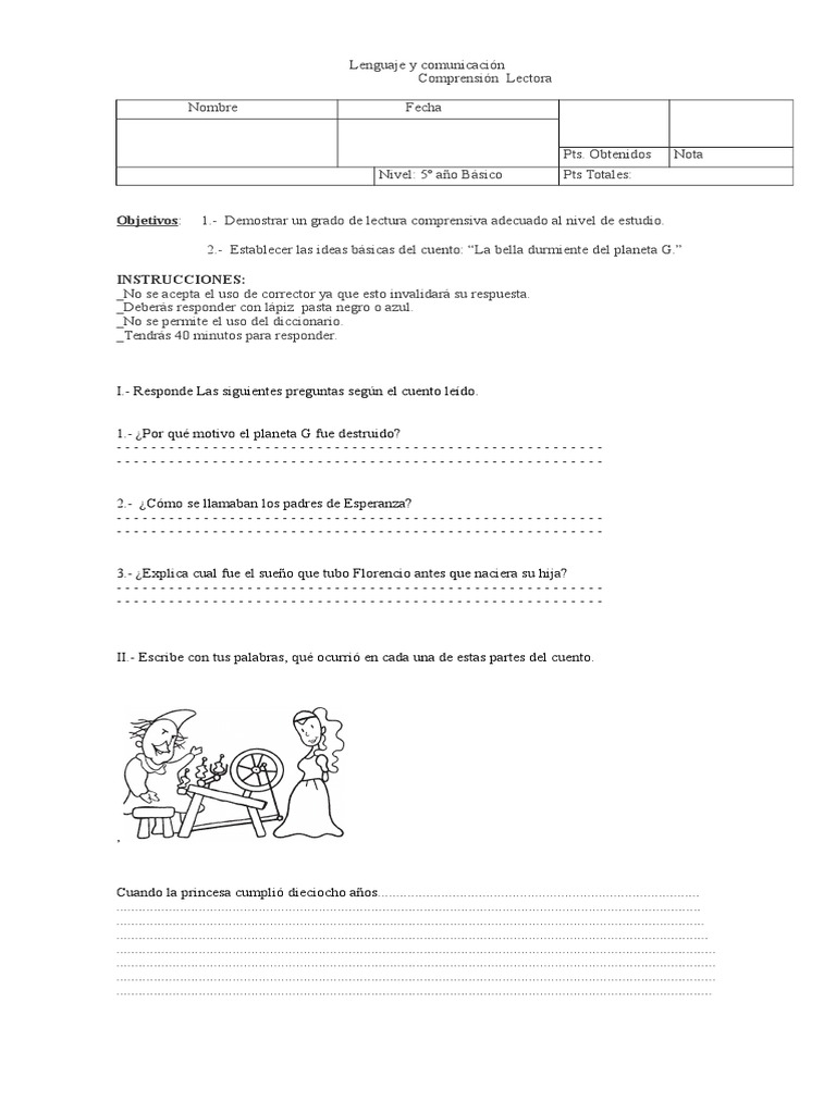 Comprension de Lectura La Bella Durmiente. | PDF