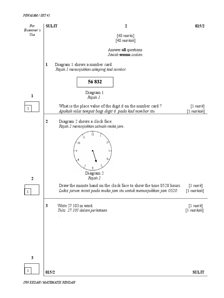 Diagram 1 Shows A Number Card 40 Marks 40 Markah Answer All